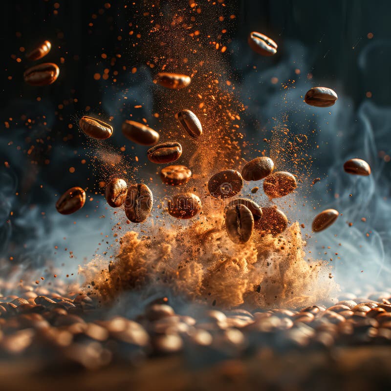Coffee Bean Explosion with Smoke and Coffee Beans Flying Everywhere ...