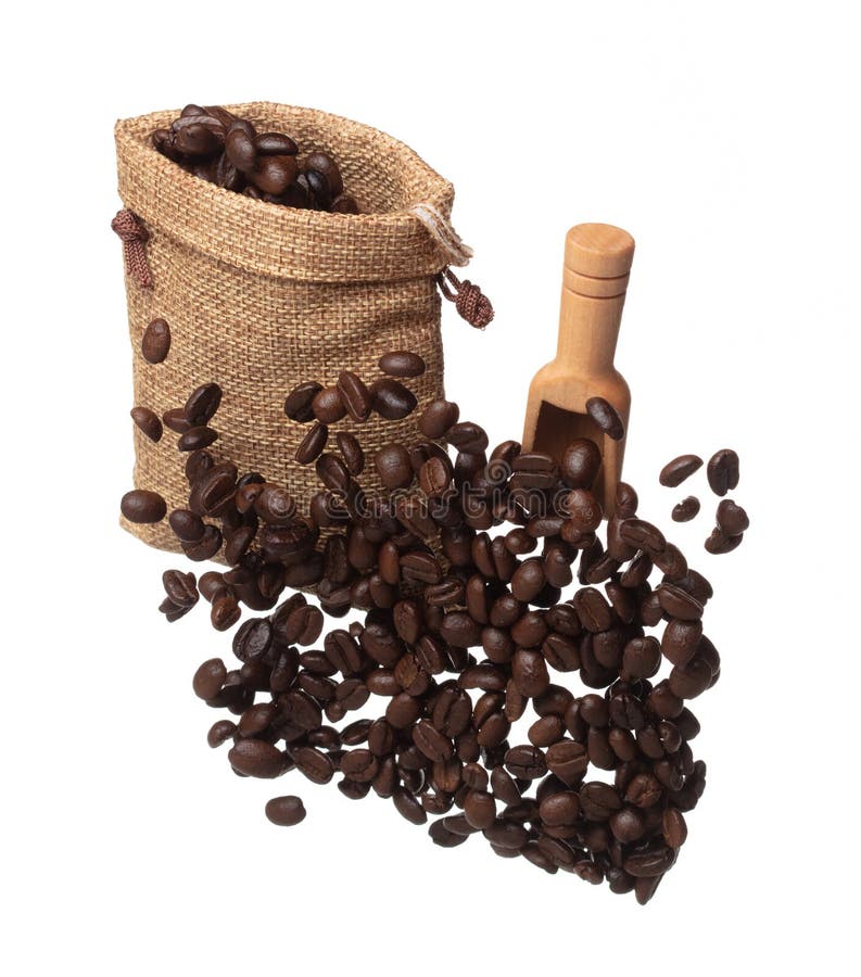 Coffee Bean Fall Down Pour in Sack Bag, Coffee Seeds Float Explode ...