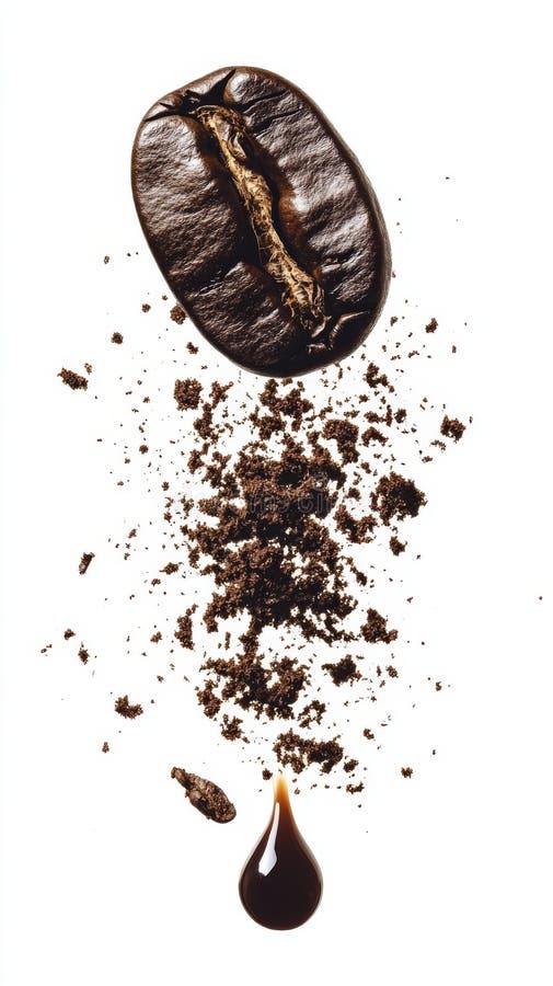 Coffee Bean with Grounds and Rich Coffee Drop on White Stock Image ...