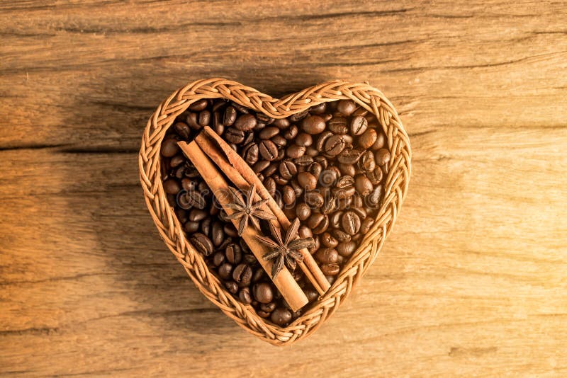 Coffee Bean in Heart Shape Basket on Wood Texture Stock Photo - Image ...