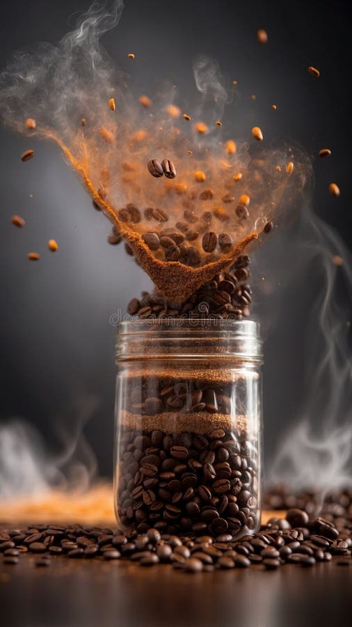 Coffee Bean in Motion with Steam and Ground Coffee. Stock Image - Image ...