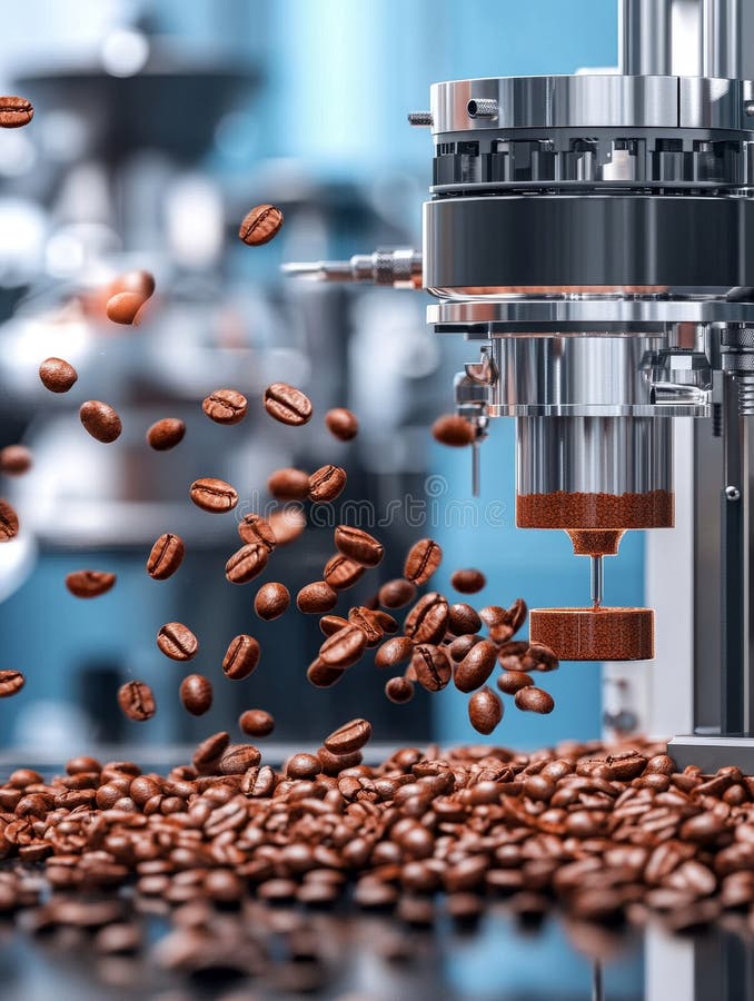 Coffee Bean Processing Machine Roasted Coffee Beans Falling into a Pile Near a Modern Coffee ...