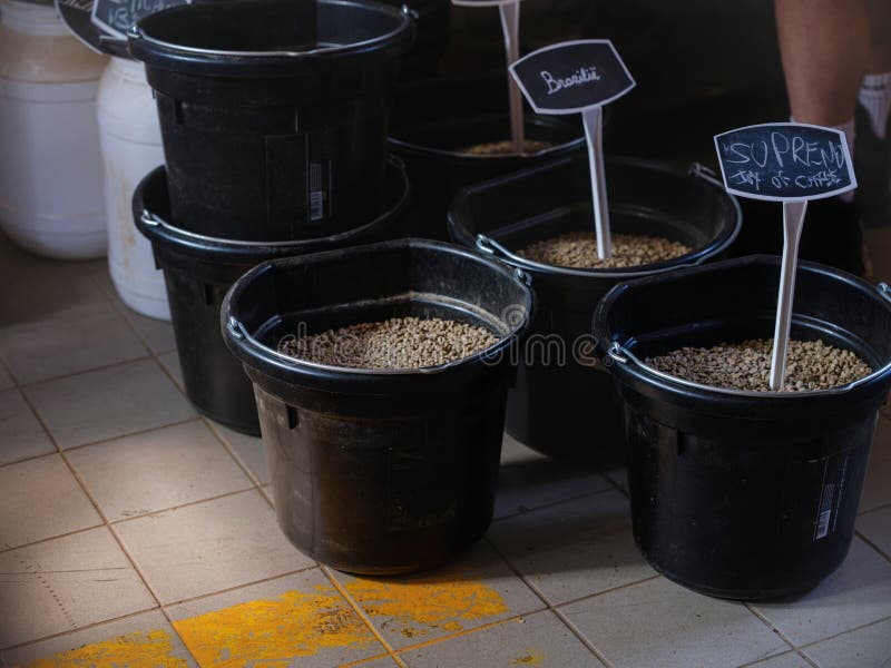 Coffee Bean Storage Buckets with Labels Stock Image - Image of ...