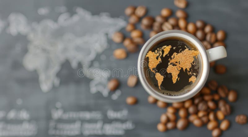 Coffee Beans Forming World Map with a Mug of Brewed Coffee Stock Image ...