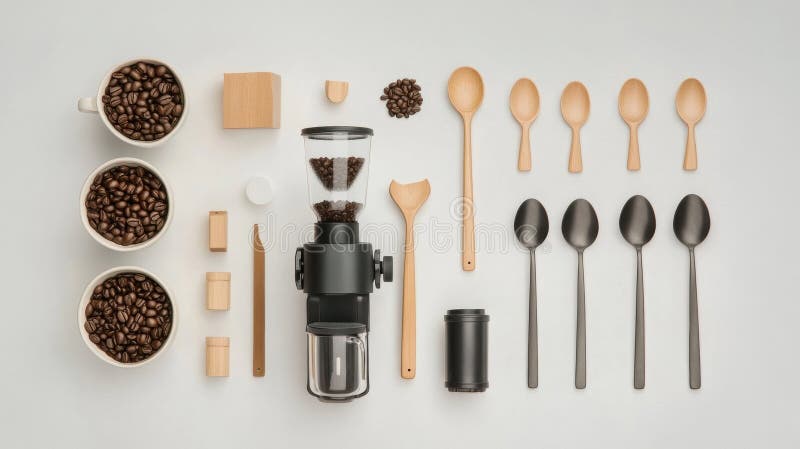 Coffee Beans are Artfully Arranged Alongside Cups, Spoons, and a Coffee ...