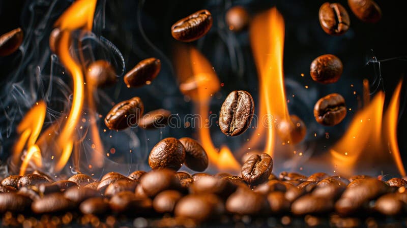 Coffee Beans are Being Thrown into the Air Over a Strong Flame ...
