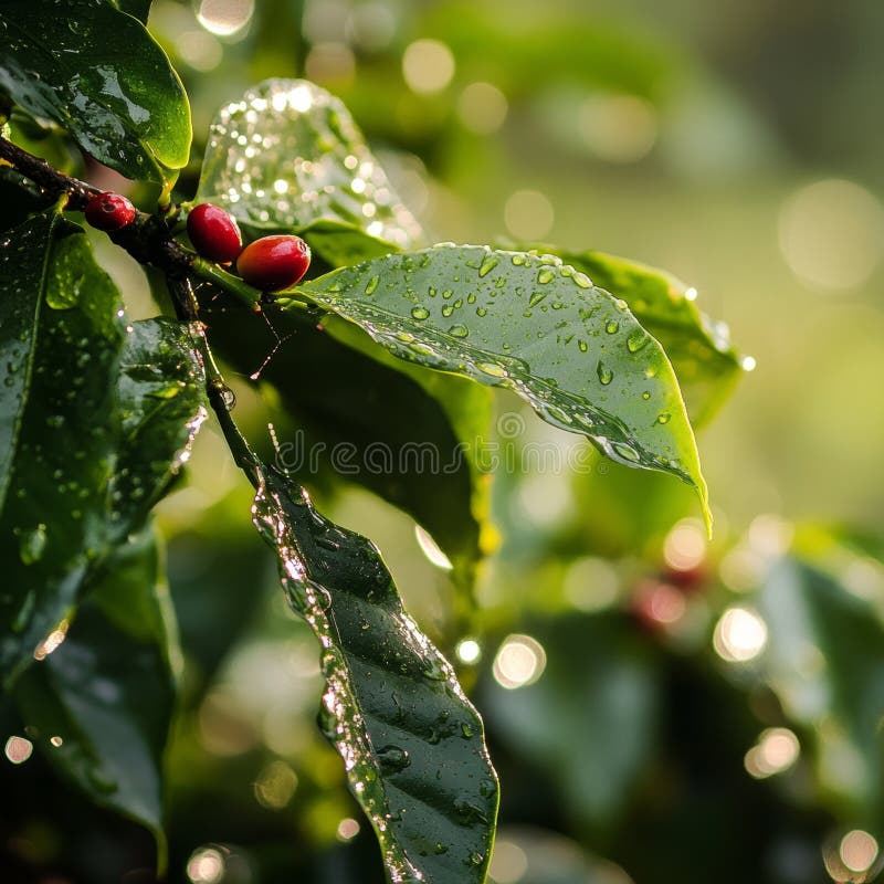 Coffee Beans on the Branch with Water Drops. Coffee Background Stock ...