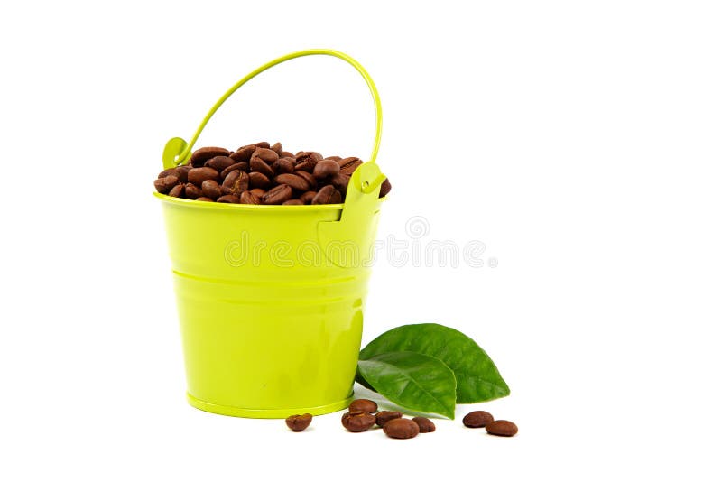 Coffee Beans in a Bucket and Green Leaves. Stock Image - Image of ...