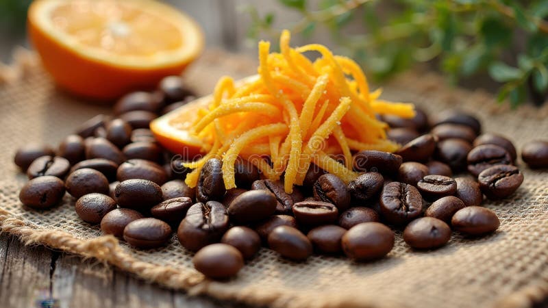 Coffee Beans and Candied Orange Peel on Rustic Burlap Surface Stock ...