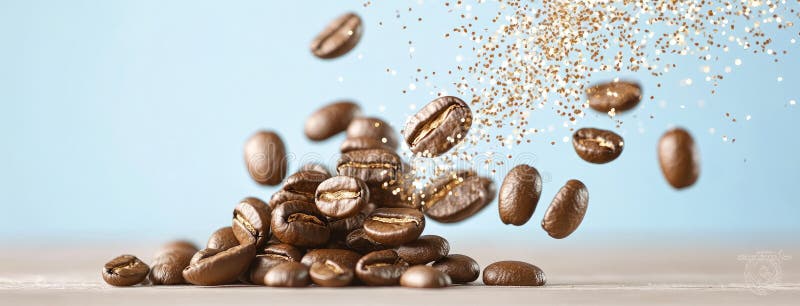 Coffee Beans Cascade through the Air, Mingling with Golden Dust on a ...