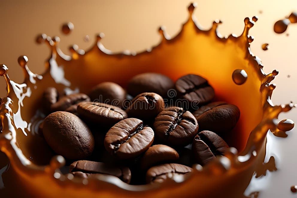 Coffee Beans Cascade into a Brown Liquid, Creating a Captivating Splash ...