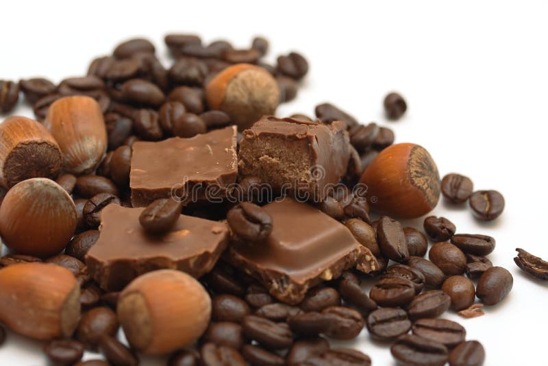 Coffee Beans, Chocolate And Nuts On White Picture. Image: 6404856
