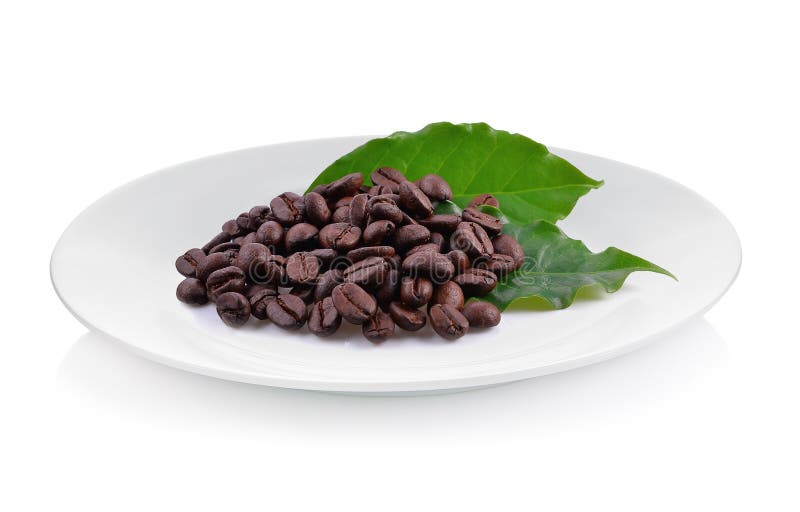 Coffee Beans and Coffee Leaf Isolated on White Plate Stock Image ...