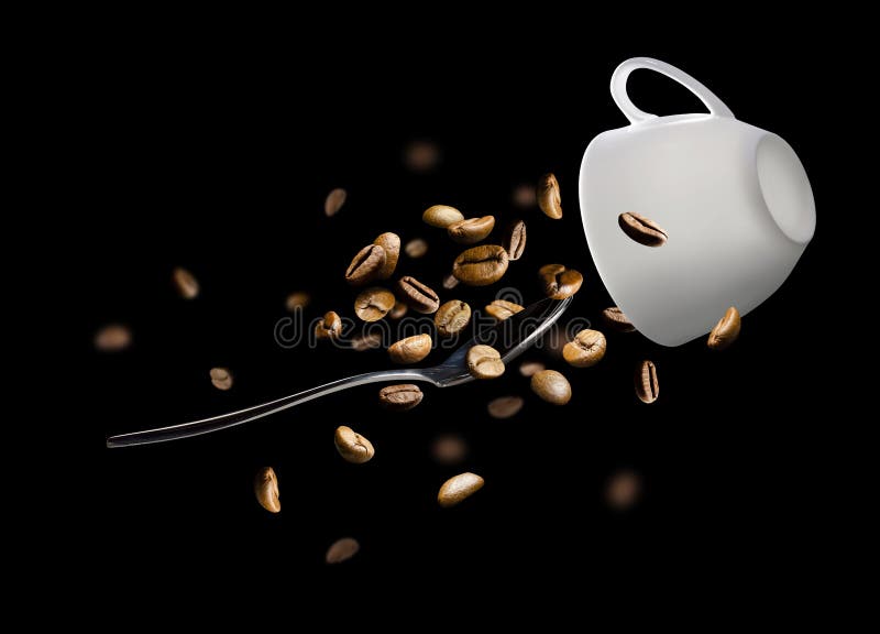 Coffee Beans Cup and Spoon Fly and Levitate in Space. Isolated on Black ...