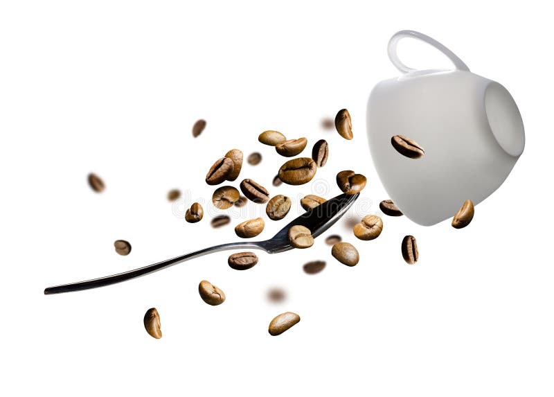 Coffee Beans Cup and Spoon Fly and Levitate in Space. Isolated on White ...