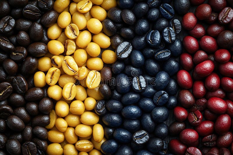 Coffee Beans of Different Varieties and Different Colors Lie in Rows ...