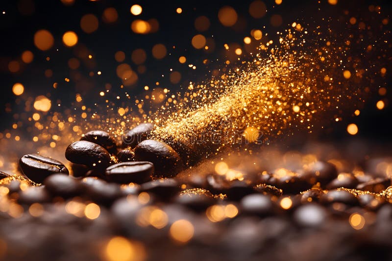 Coffee Beans with Golden Glitter Explosion for Creative Design and Food ...