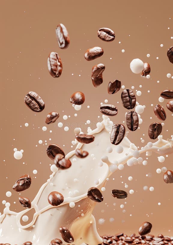 Coffee Beans Exploding into a Dance with Milk Splashes on a Chocolate ...