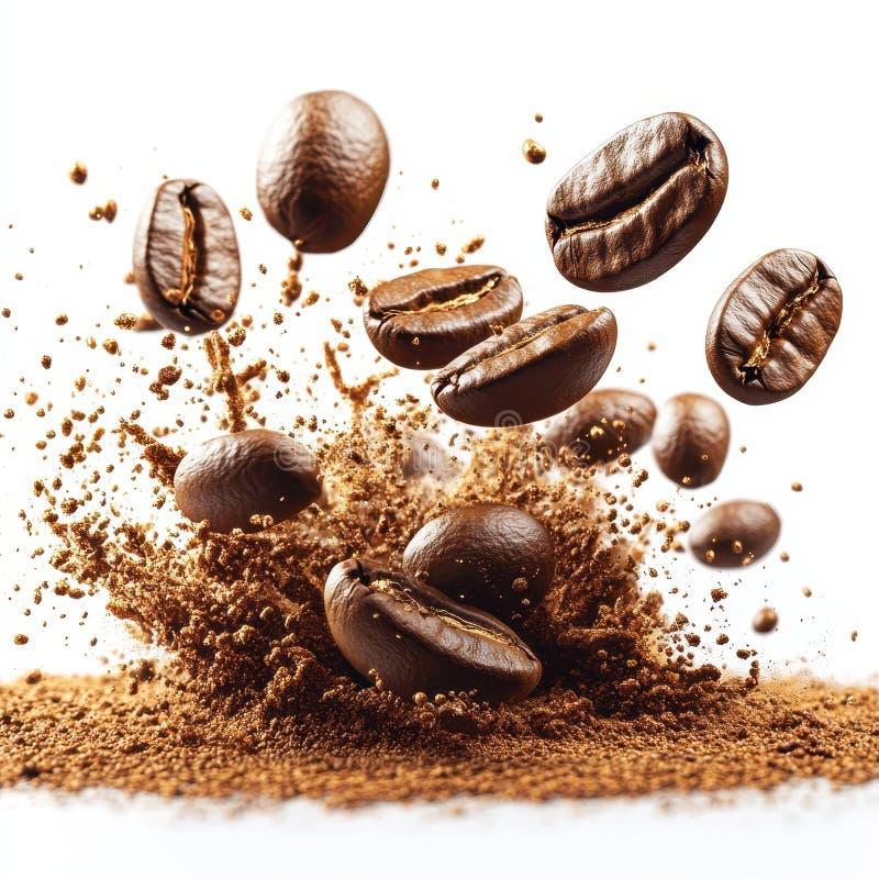 Coffee Beans Exploding into Ground Coffee Dynamic Splash Brown Gold ...