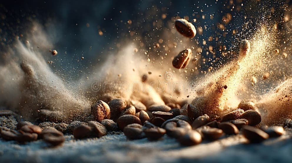 Coffee Beans Exploding with Ground Coffee Powder Creating a Dynamic ...