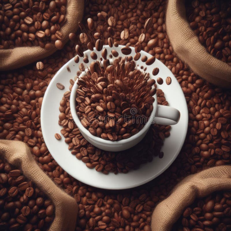 Coffee Beans Exploding Out of Cup Sitting in a Sea of Coffee Beans ...