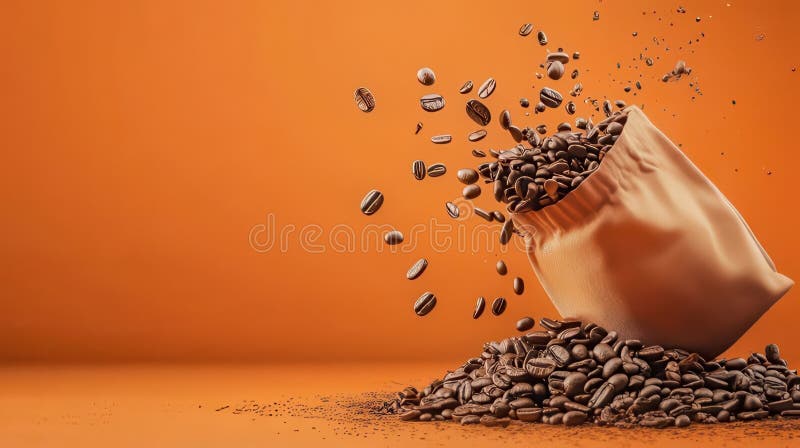 Coffee Beans Exploding from Paper Bag on Orange Background Stock Image ...