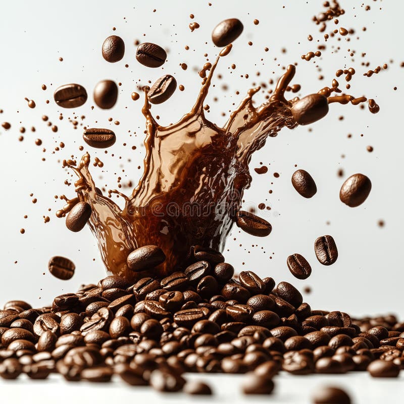 Coffee Beans Fall in Motion with Liquid Splash. Coffee Beans Cascade ...