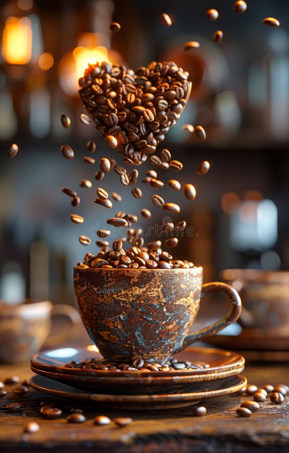 Coffee Beans are Falling into Cup of Coffee with Splashes in the Form ...