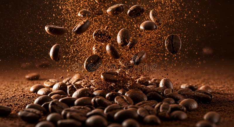 Coffee Beans Falling with Coffee Powder Splash in Dramatic Dark Setting ...