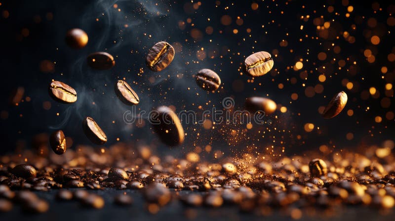 Coffee Beans Falling and Splattering with Glittering Background Stock ...