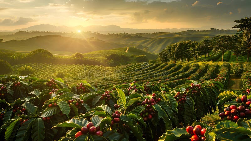 Coffee Beans Field at Sunset. Generative AI Stock Illustration ...