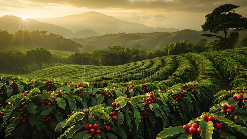 Coffee Beans Field at Sunset. Generative AI Stock Illustration ...