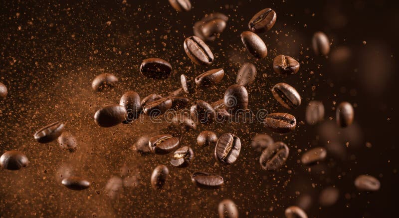 Coffee Beans Floating with Coffee Powder Explosion on Dark Background ...