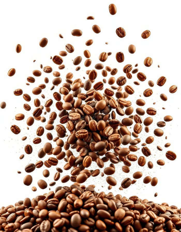 Coffee Beans are Flying in the Air Above a Mound on a Bright Surface ...