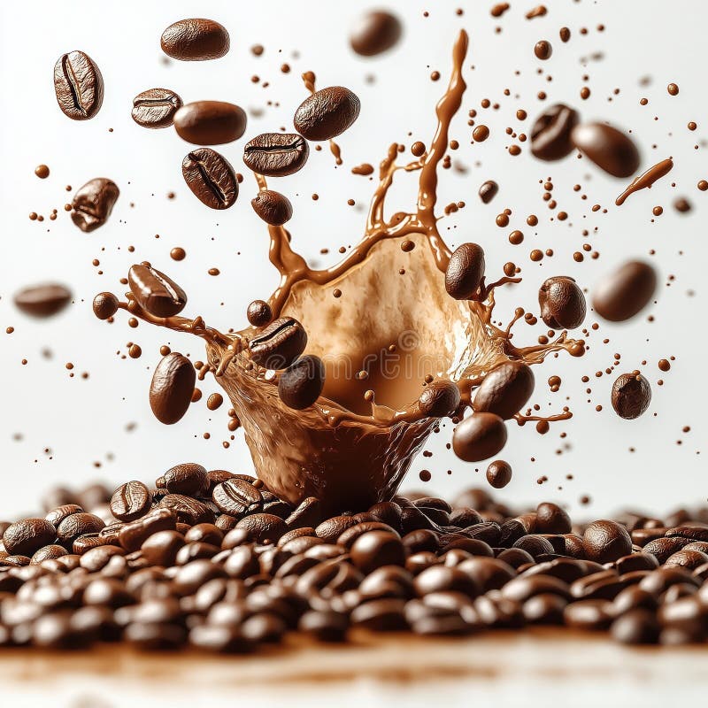 Coffee Beans Flying, Splashing with Liquid. Dynamic Movement of Coffee ...