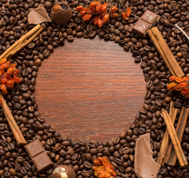 Coffee Beans Frame on Wood Wall Stock Photo - Image of wallpaper, wall ...