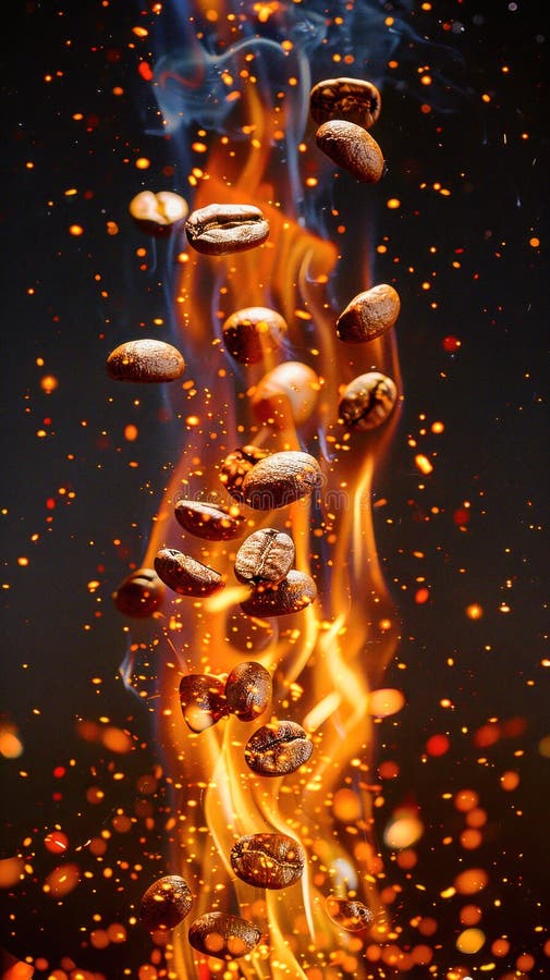 The Coffee Beans are Gradually Falling into the Fire with a Dark ...