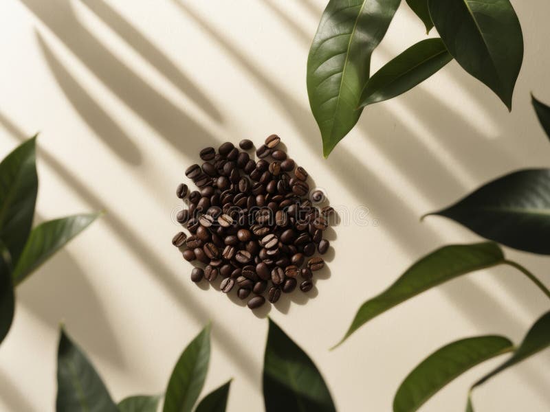 Coffee Beans and Green Leaves Arranged Aesthetically on a Neutral ...