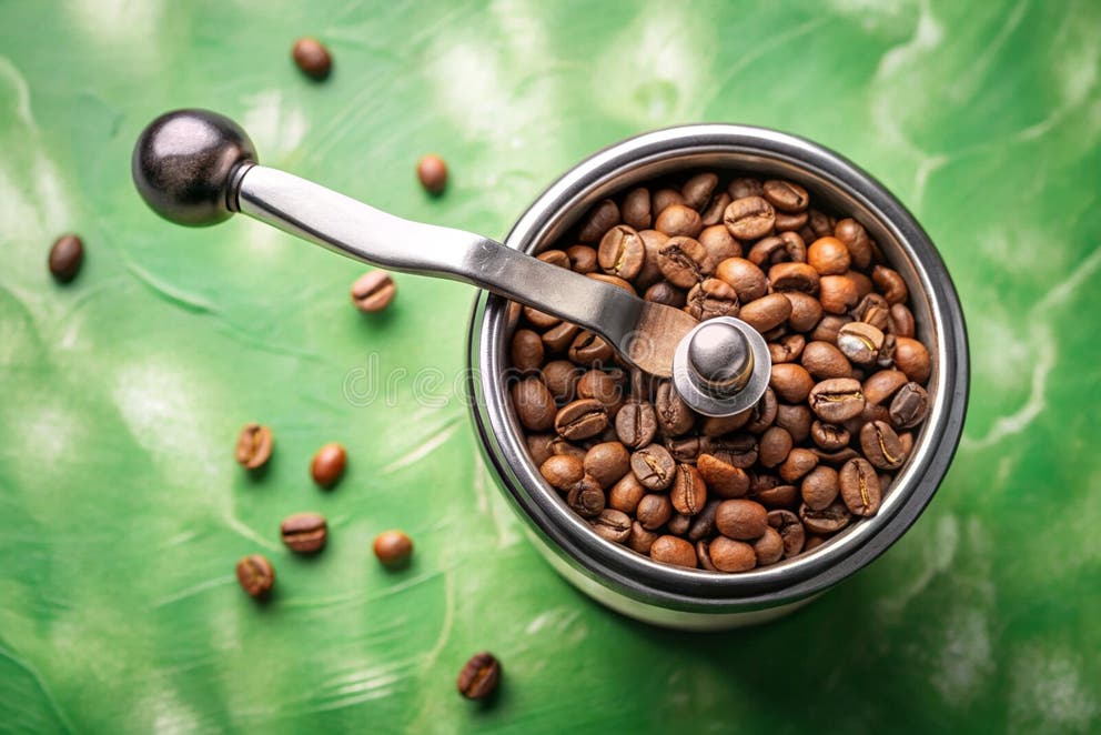 Coffee Beans and Grinder â€ Top View of Coffee Grinding Process Stock ...