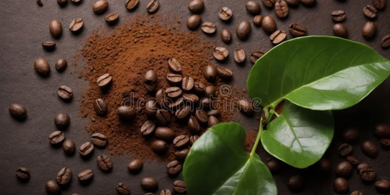 Coffee Beans and Ground Coffee with Green Leaves. Stock Image - Image ...