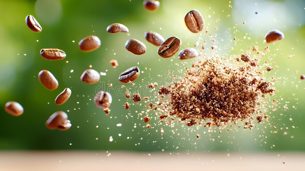 Coffee Beans and Grounds Explosion in Midair Against Green Background ...