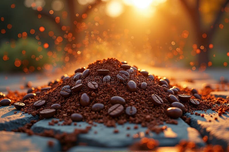 Coffee Beans and Grounds Glowing in Warm Sunset Light Stock Photo ...