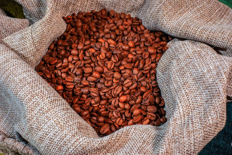 Coffee beans in a jute bag stock photo. Image of spill - 266182282