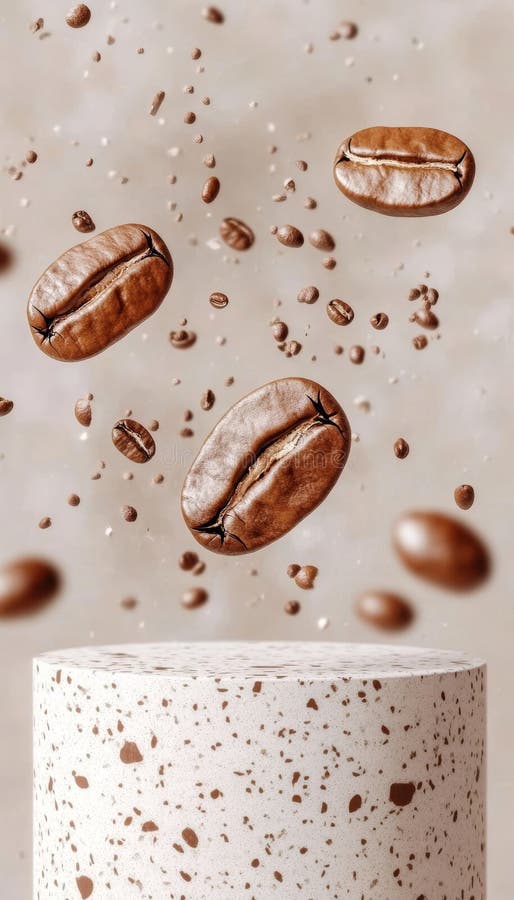 Coffee Beans Levitating Over a Speckled Ceramic Podium on a Beige ...