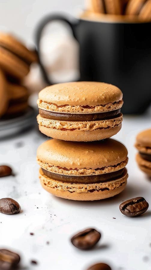 Coffee Beans and Macarons, White Background, Product Photography Stock ...