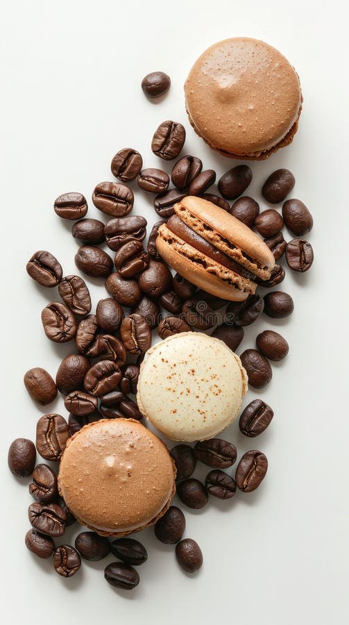 Coffee Beans and Macarons, White Background, Product Photography Stock ...