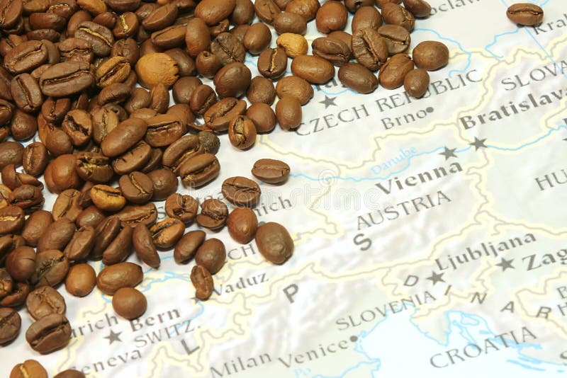 Coffee beans and map stock image. Image of drink, black - 12558507