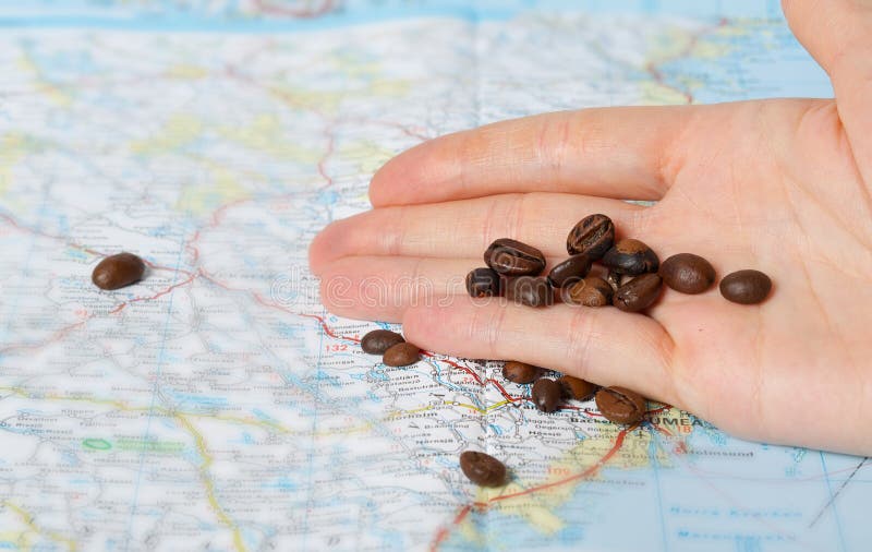 Coffee beans on a map. stock image. Image of agronomy - 117950241