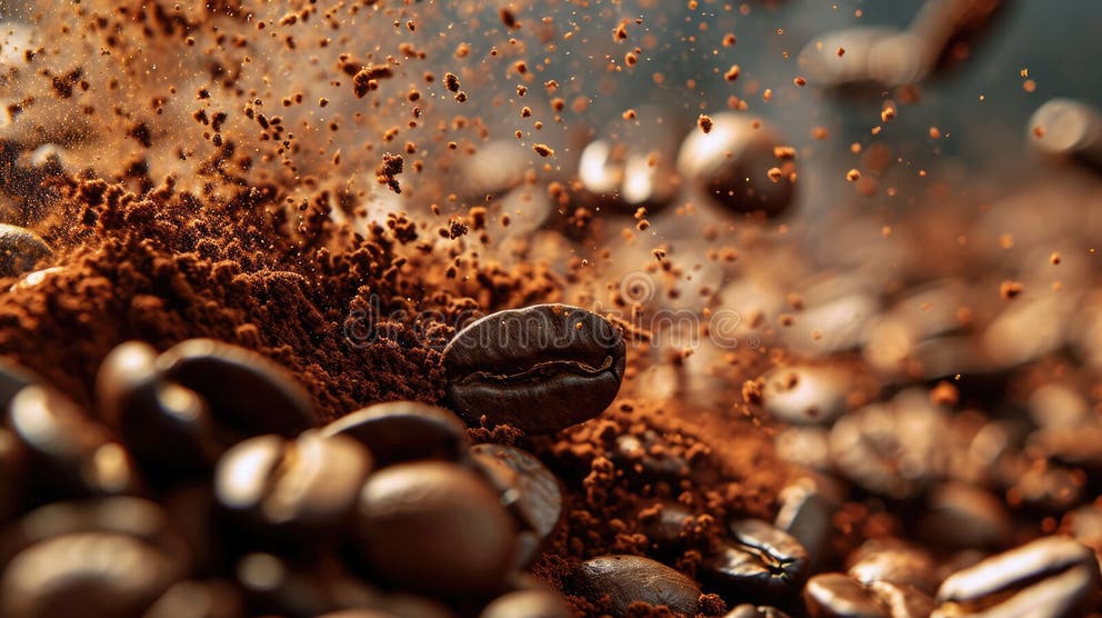 Coffee Beans Mid-air with a Dynamic Explosion of Ground Coffee ...