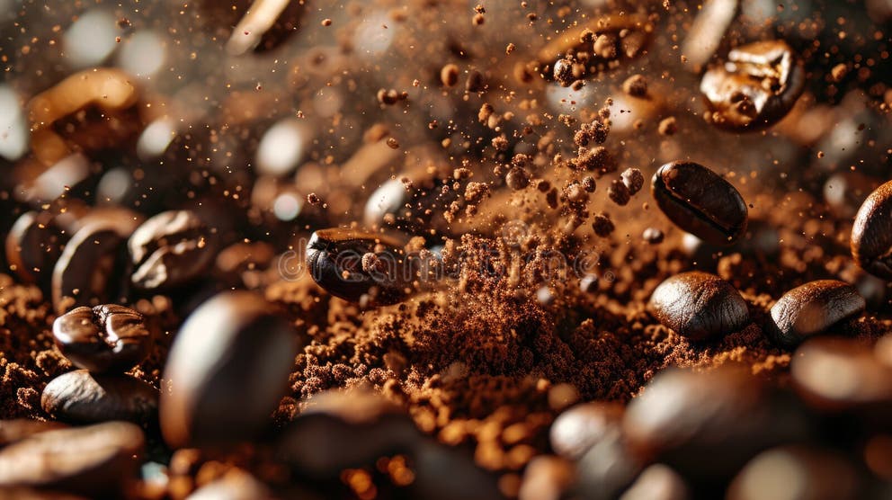 Coffee Beans Mid-air with a Dynamic Explosion of Ground Coffee ...